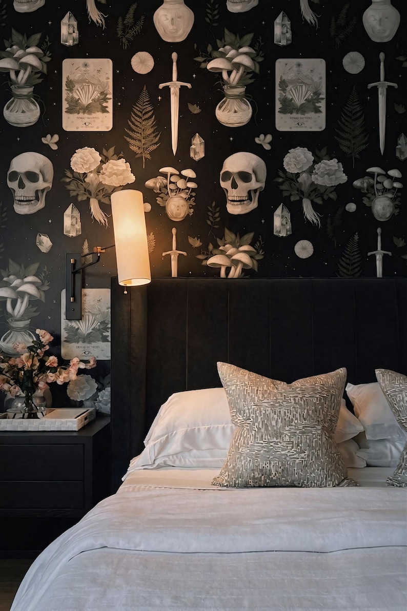 Dark Academia Wallpaper, Gothic Botanical Wall Mural, Skull and ...