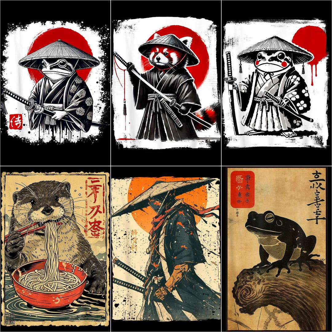 Samurai Animal PNG Bundle – Japanese Red Sun Frog, Panda, Otter & Ronin ...
