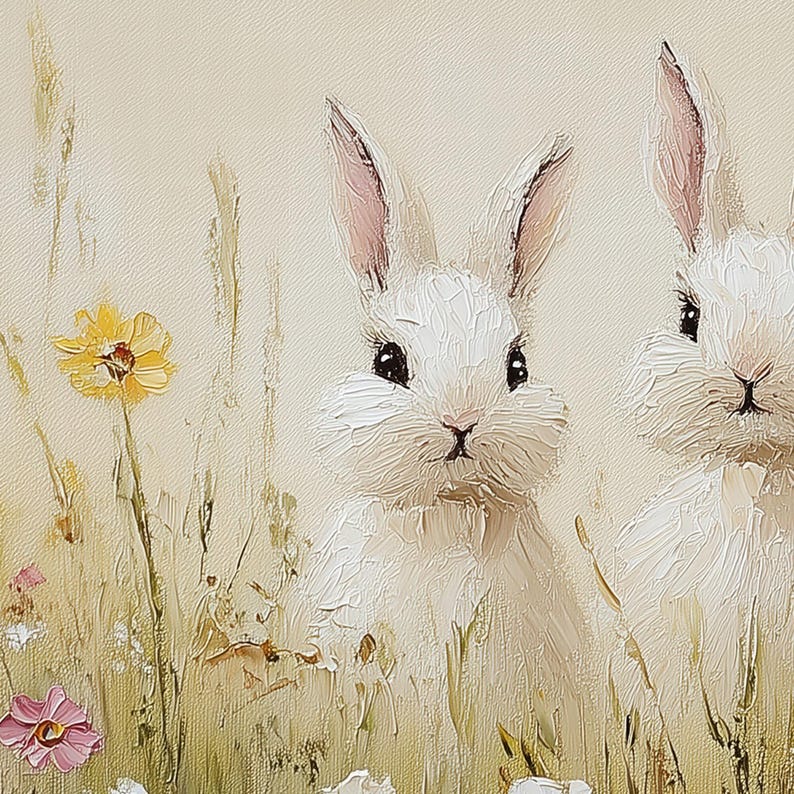 Cute Spring Bunnies & Flowers, White Easter Rabbits Painting, Floral ...