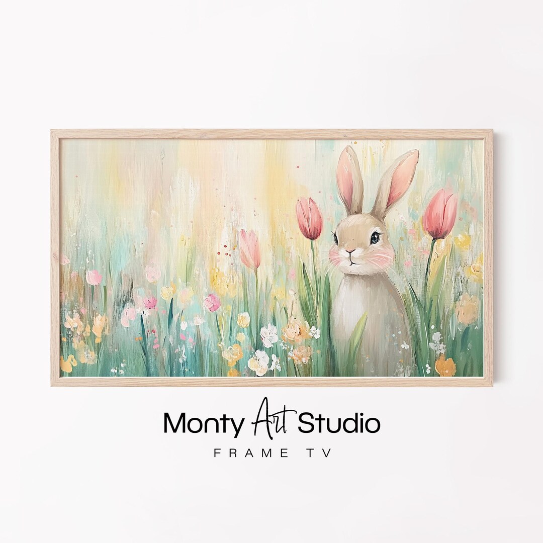Easter Bunny Painting, Spring Art for Frame TV, Floral Television ...