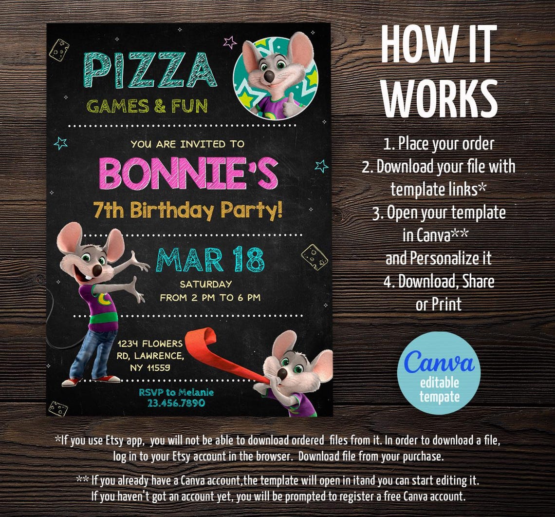 Chuck-e-cheese Editable Invitation, Printable Birthday Invite, Mouse ...