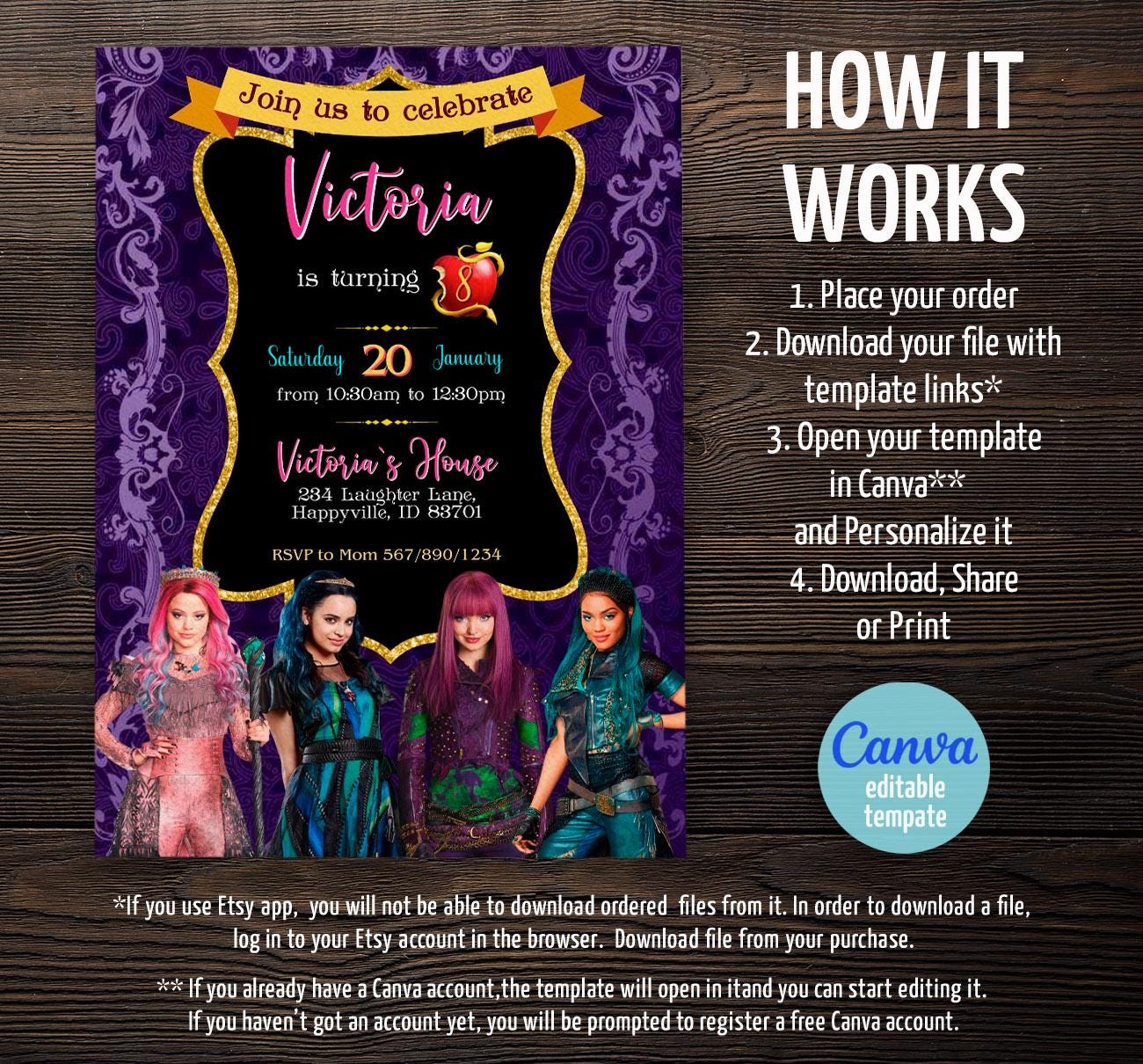 Descendants Invitation, Printable Editable Descendants Birthday Invite ...