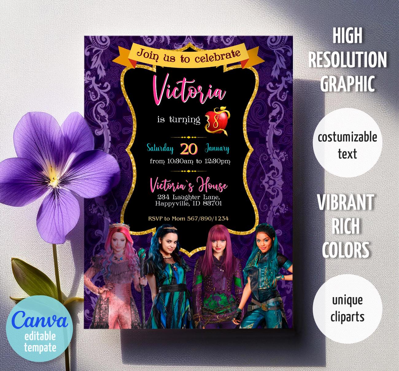 Descendants Invitation, Printable Editable Descendants Birthday Invite ...