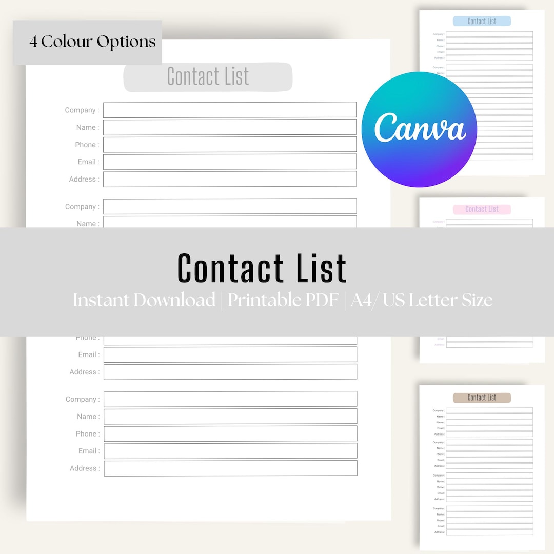 Printable Contact List, Contact Sheet, Phone Number List, Address Book ...