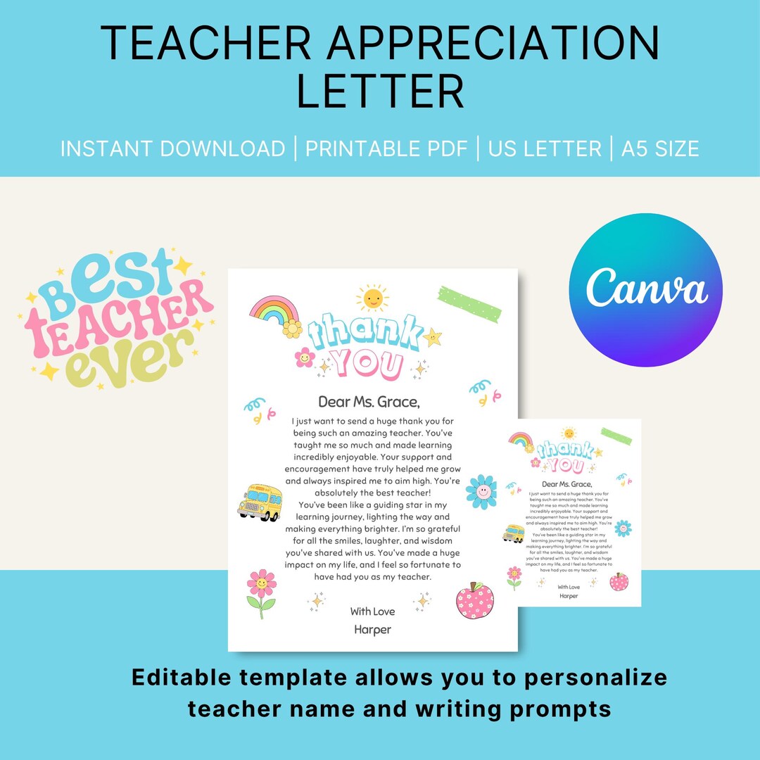 End of School Year Editable Teacher Appreciation Letter, Printable ...