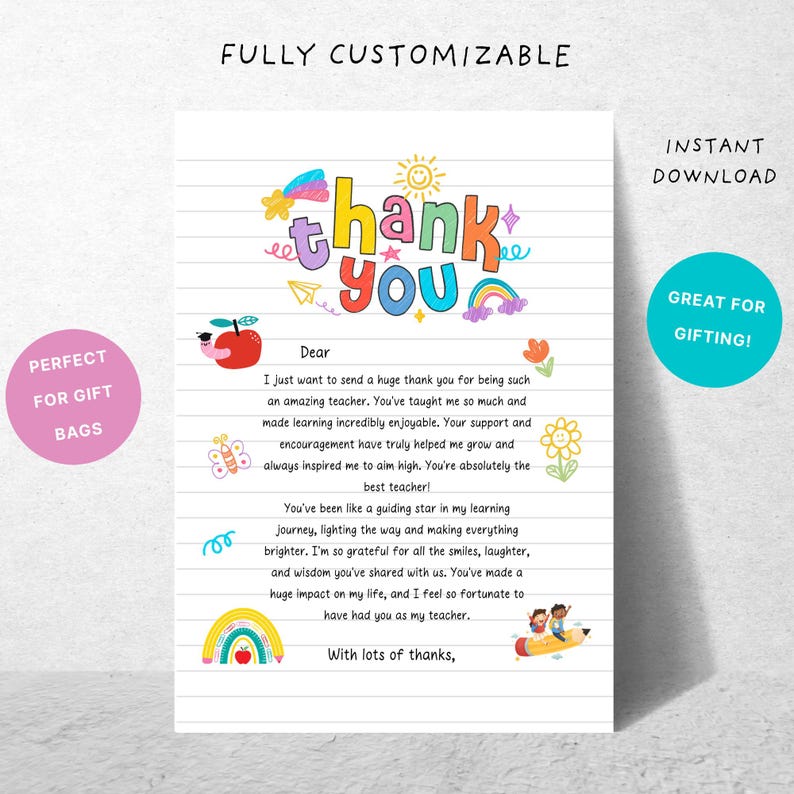 Editable Teacher Appreciation Letter, End of School Year Thank You ...