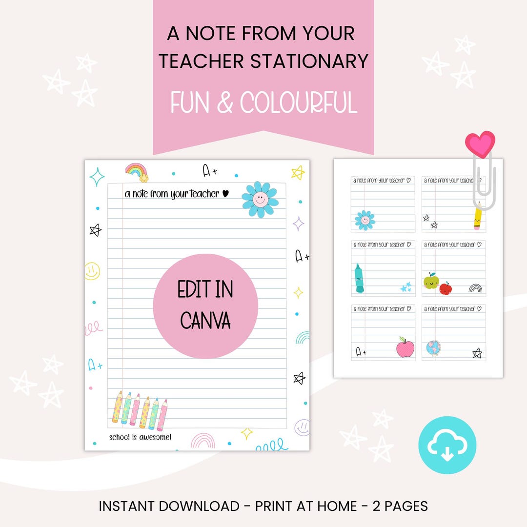 Teacher Notepaper Printable, Cute + Colorful Stationery, Notepad ...