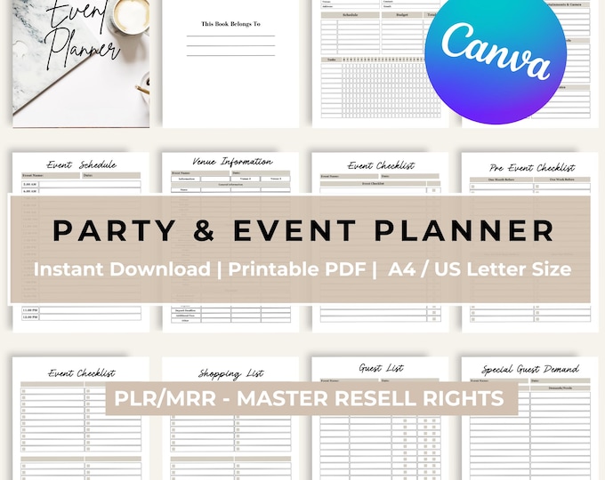 Party & Event Planner, Printable Planner, PLR, MRR, Event Party Planner, Event Planning ...