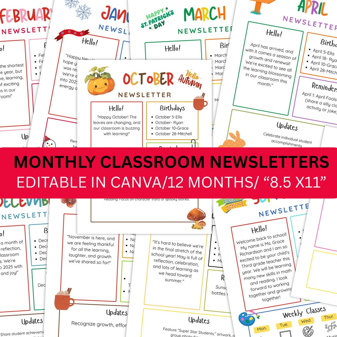 Editable Monthly Classroom Newsletter Template, Canva, Parent ...