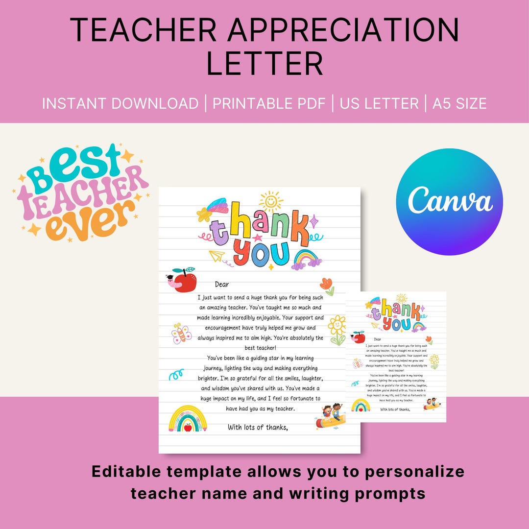 End of School Year Editable Teacher Appreciation Letter, Printable ...