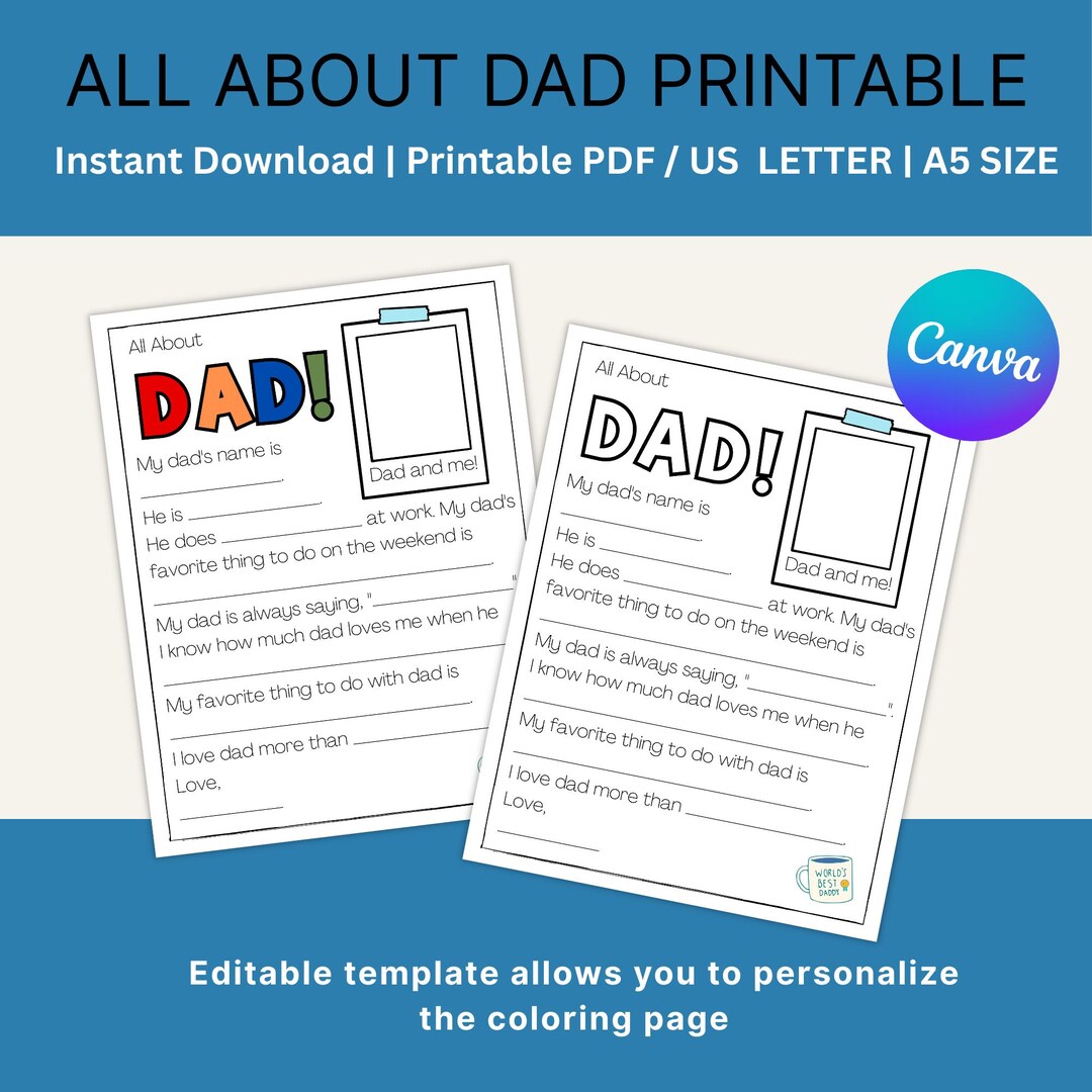 All About My Dad Fathers Day Gift, Coloring Page, Editable, Printable ...