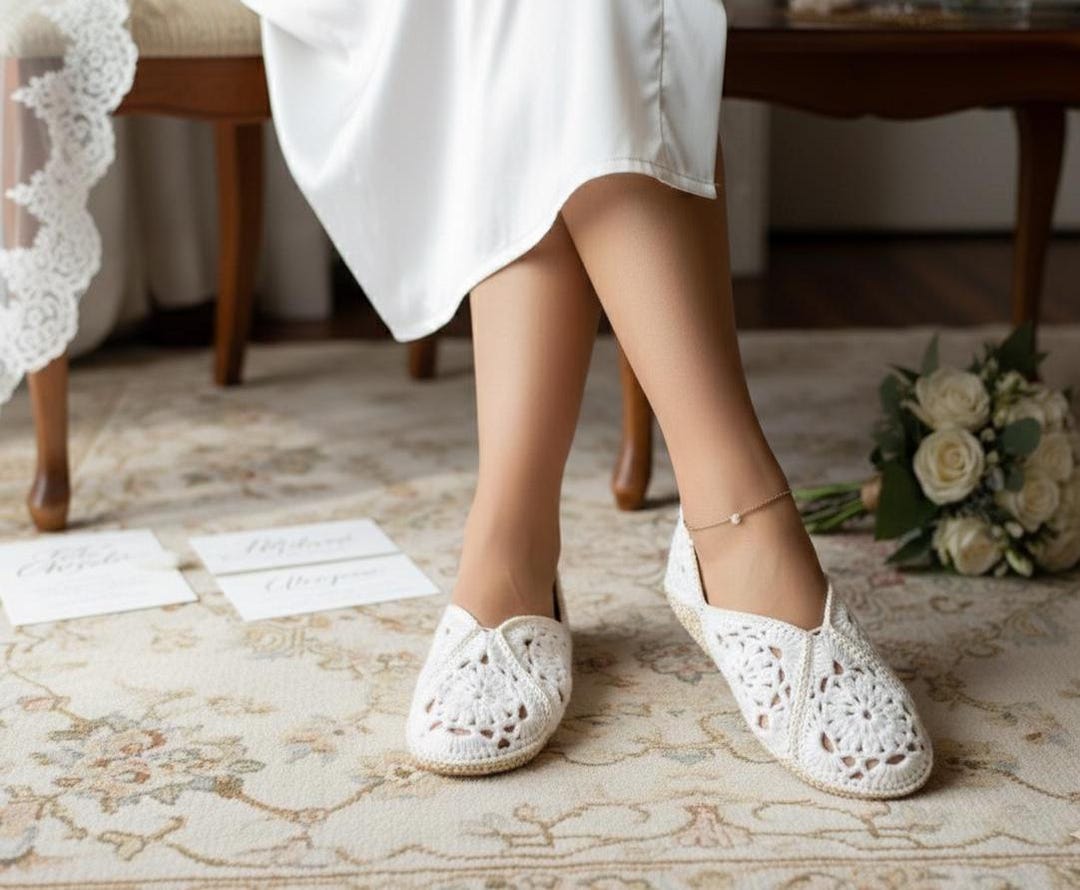 Bridal Crochet Slippers for Morning Prep. White Wedding Shoes for Bride ...