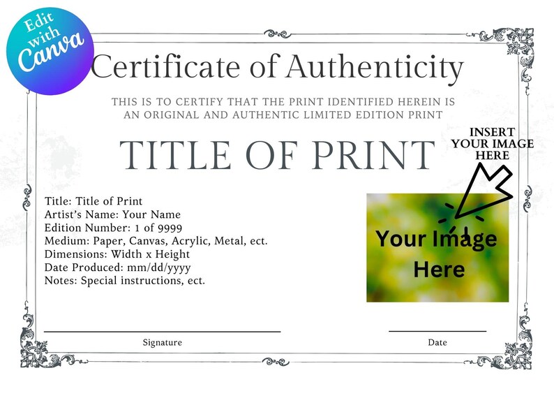 Bundle of 5 Editable Certificate of Authenticity Template | Printable ...