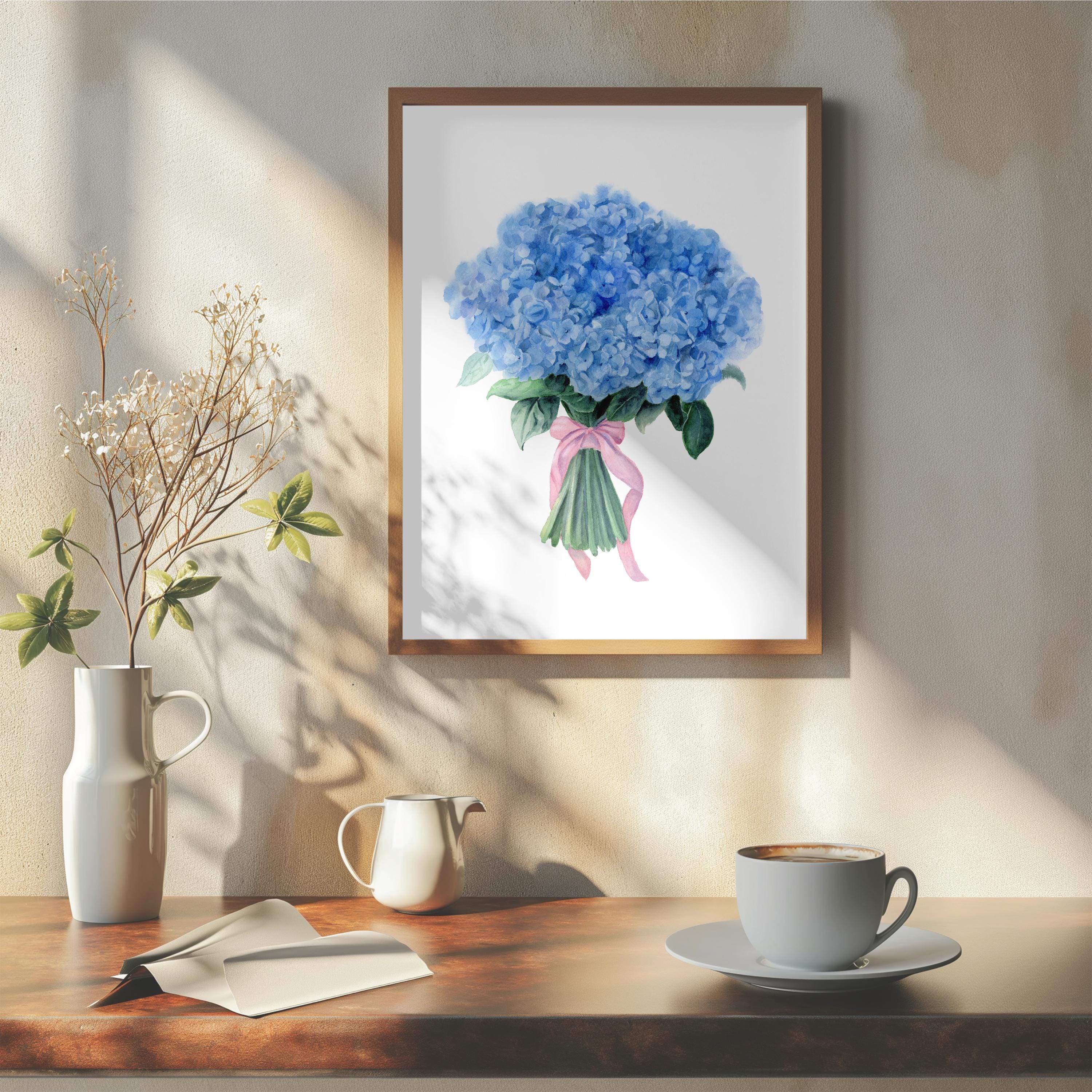 Blue Hydrangea Art Print, Watercolor Hydrangea Bouquet Painting, Pink ...