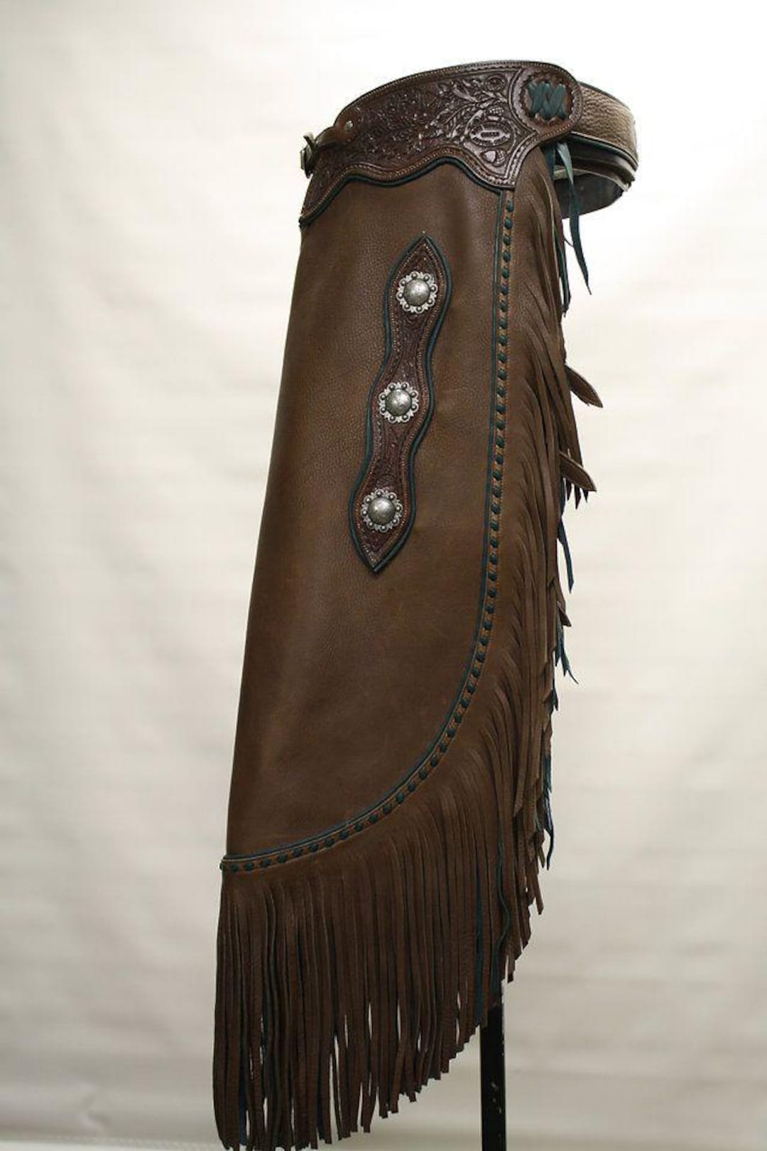 Leather Chaps Handmade Western Tooled Belt, Conchos Custom Rodeo Chaps ...