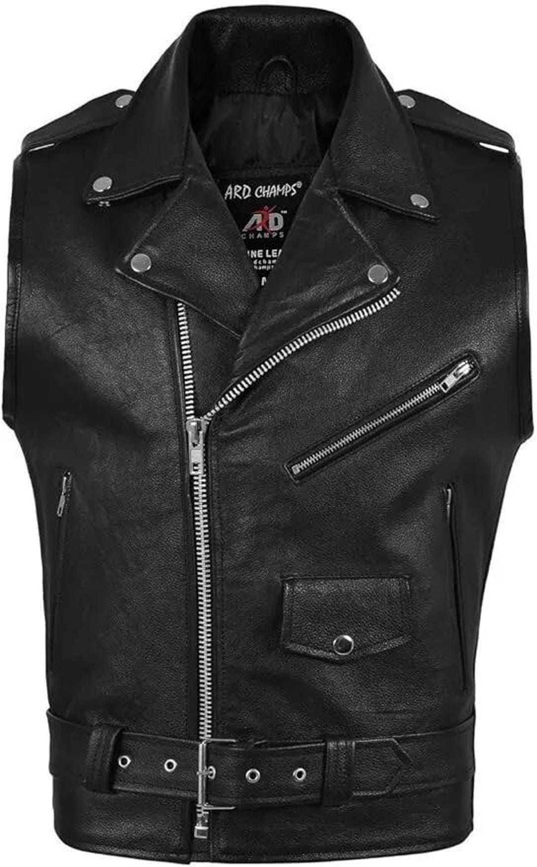 Men's Sleeveless Biker Style Classic Vest Belted Punk Genuine Leather ...