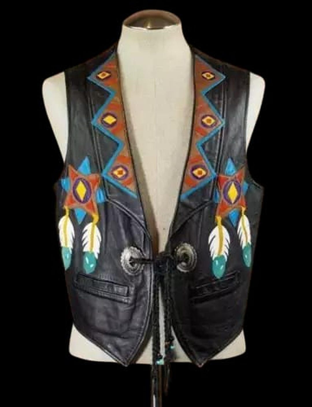Handmade Leather Vest: Native American Style Embroidered Feather Design ...
