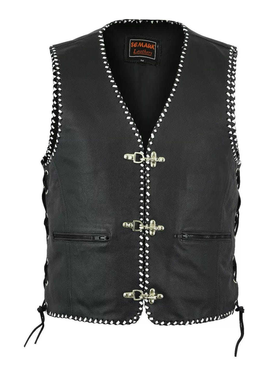 Men's Black Leather Biker Vest – Western Style With Metal Clasps ...