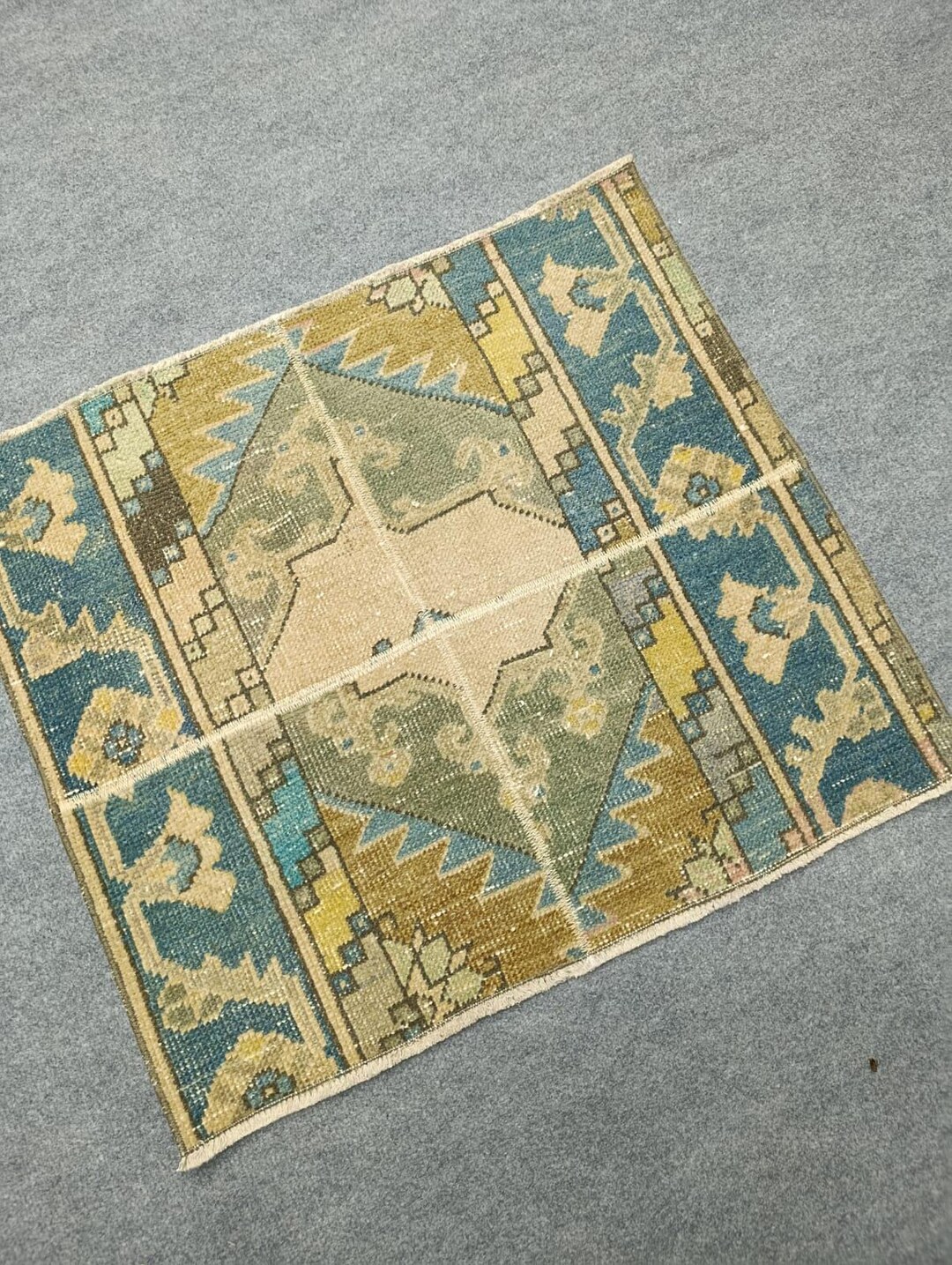 2x2 Square Vintage Turkish Small Handmade Wool Blue Rug: Boho Decor ...