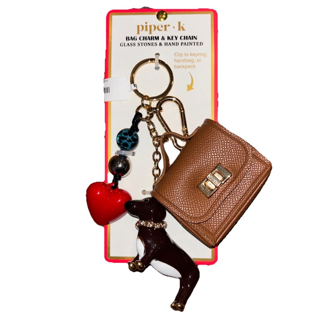 Piper K Dachshund Doxie Bag Charm & Key Chain Heart Purse Glass Stones ...