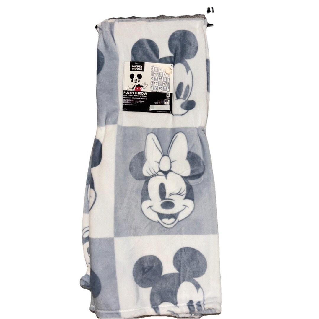 Mickey Mouse & Minnie Disney Grey White Faces Retro Plush Throw 50x70 ...