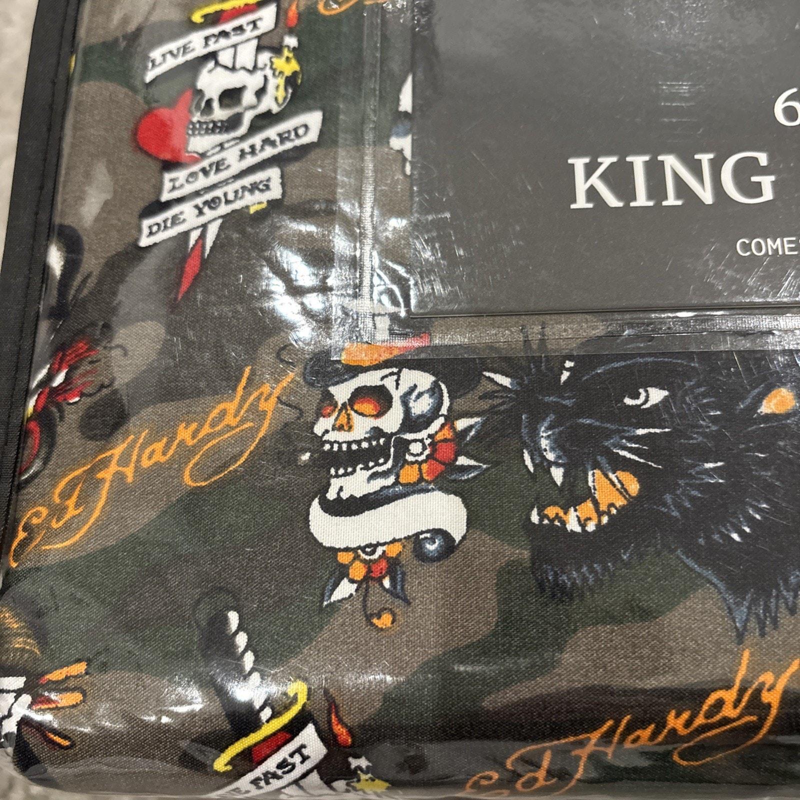 Ed Hardy Skull Camouflage 6 Piece King Sheet Set Tattoo Print With 4 ...