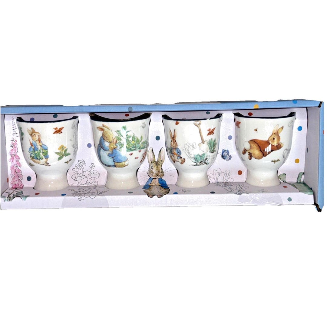 Peter Rabbit Ceramic Egg Cups Set 4 Beatrix Potter Easter Floral Garden ...