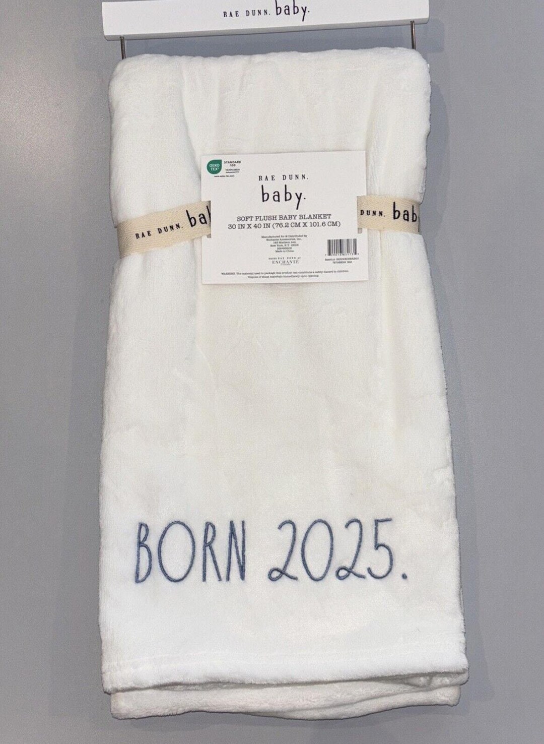 NEW Rae Dunn Baby Born 2025 White Blue Soft Baby Blanket 30” X 40” Gift ...