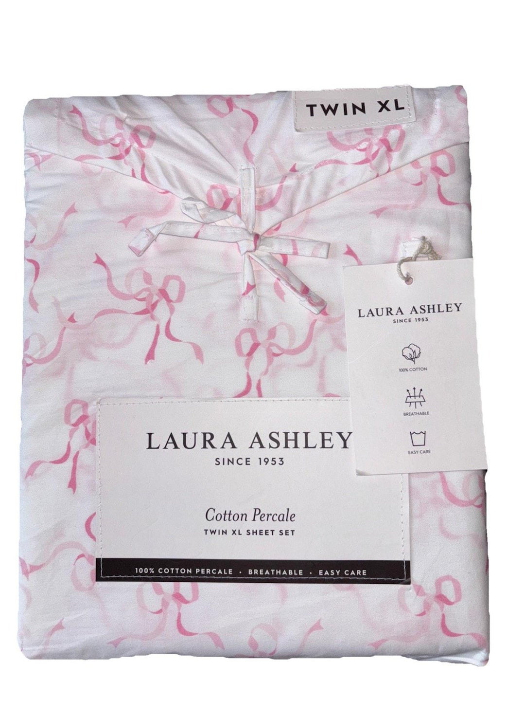 Laura Ashley Twin XL Dorm Sheet Set Trailing Pink Bows Coquette Ribbon ...