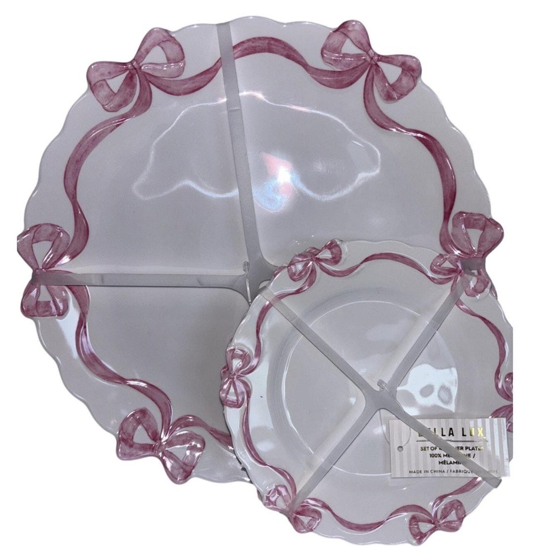 Bella Lux Pink Bow Coquette Ribbon Melamine Dinner Appetizer Bread ...