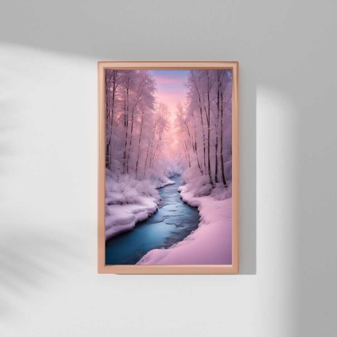 Snowy Mountain Stream Art - Misty Mountain Print, Modern Mountain Art ...