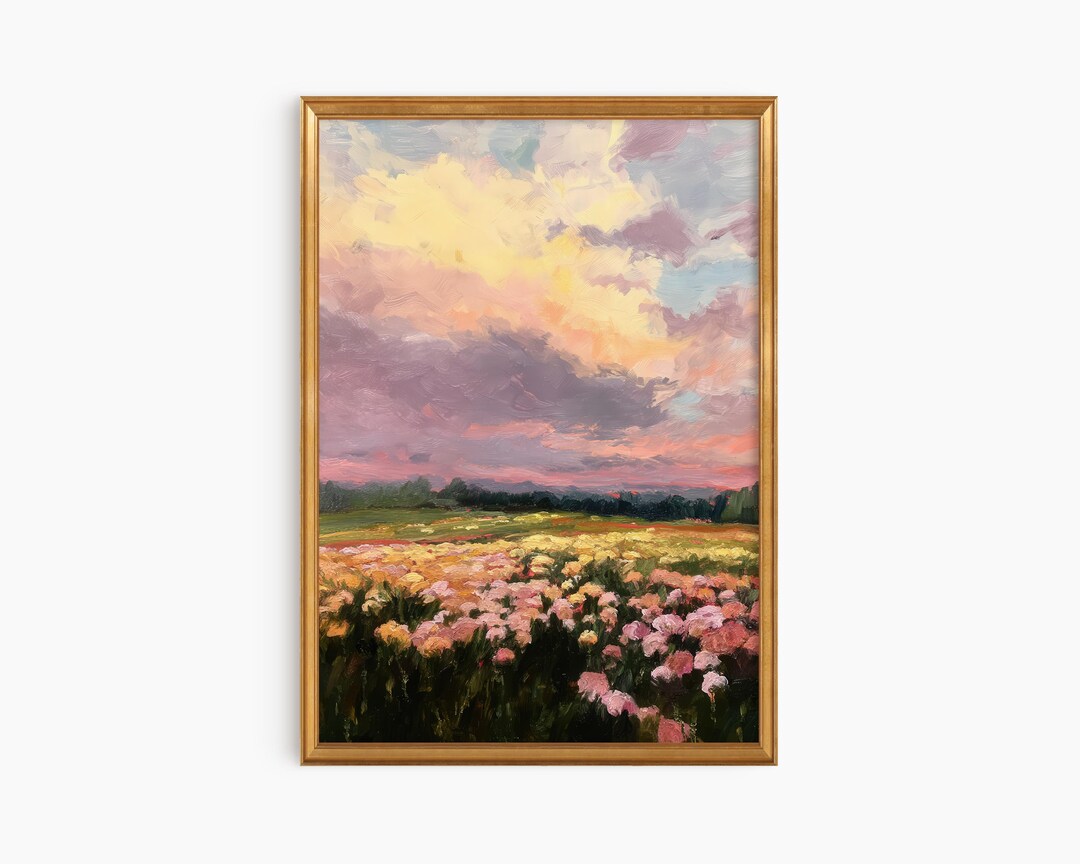 Framed Flowery Field Sunset Oil Painting Art Print - Etsy