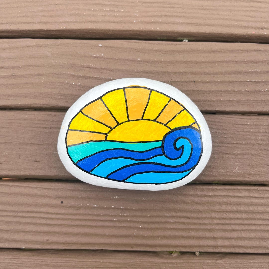 Sunset Rock, Hand Painted Ocean Waves Rock, Stained Glass Style Beach ...