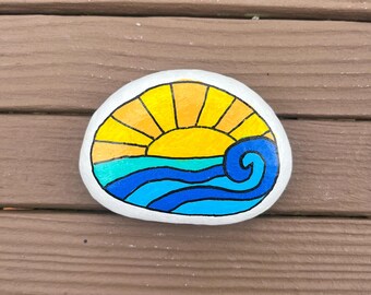 Sunset Rock, Hand Painted Ocean Waves Rock, Stained Glass Style Beach ...