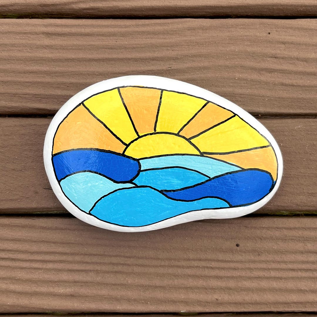 Sunset Rock, Hand Painted Ocean Waves Rock, Stained Glass Style Beach ...