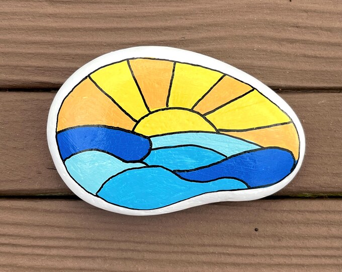 Sunset Rock, Hand Painted Ocean Waves Rock, Stained Glass Style Beach ...