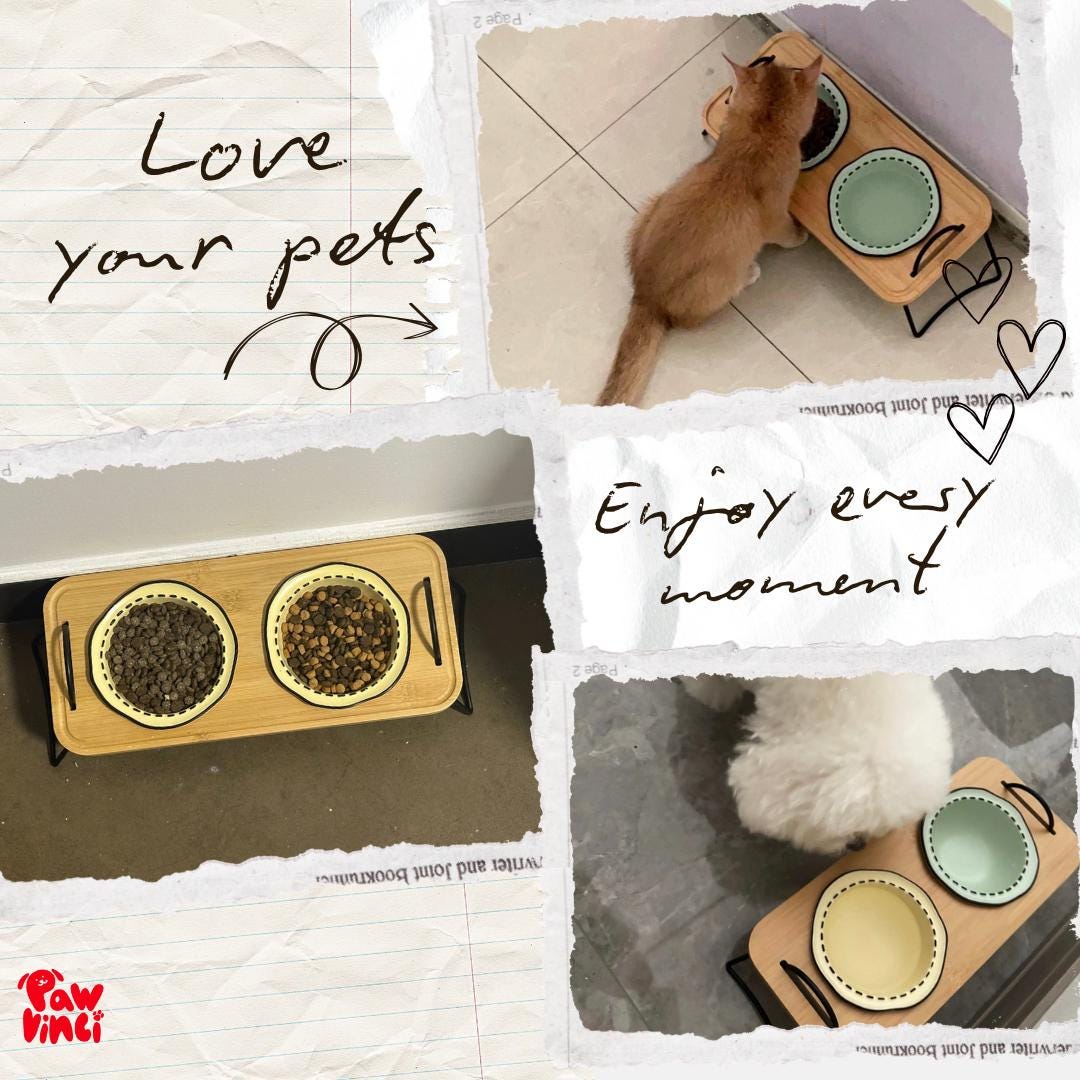 Elevated Cat Bowl Stand, Ceramic Pet Feeder With Wooden Tray, Raised ...