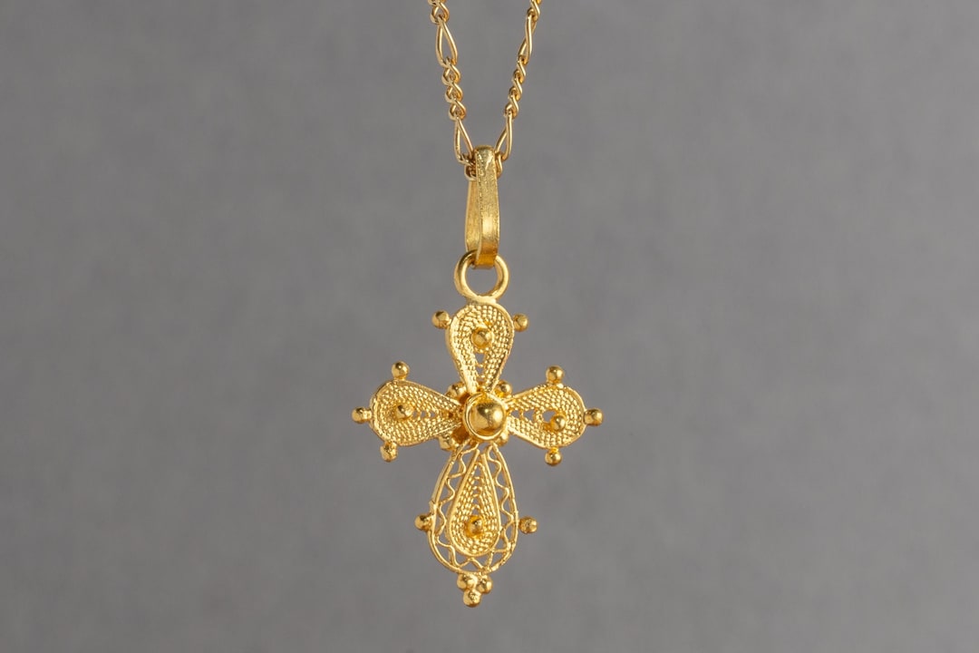18K Solid Gold Byzantine Filigree Cross Necklace, Greek Orthodox Cross ...