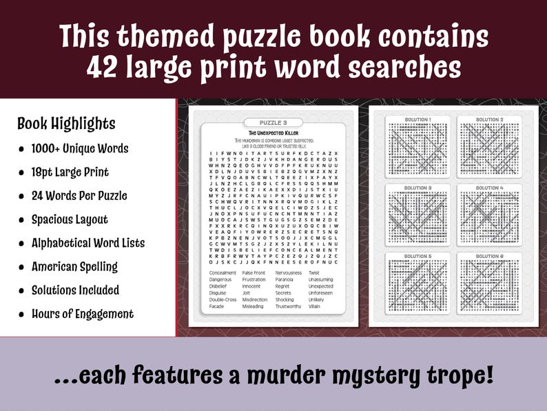 Murder Mystery Word Search Puzzle Book for Adults Large Print: Mystery ...