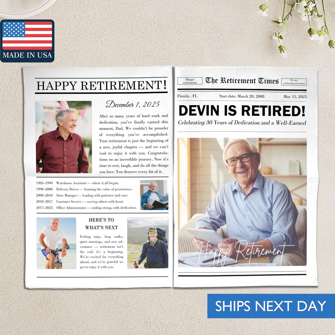 RUSH Retirement Newspaper Template, Gift for Retirement, Printed ...