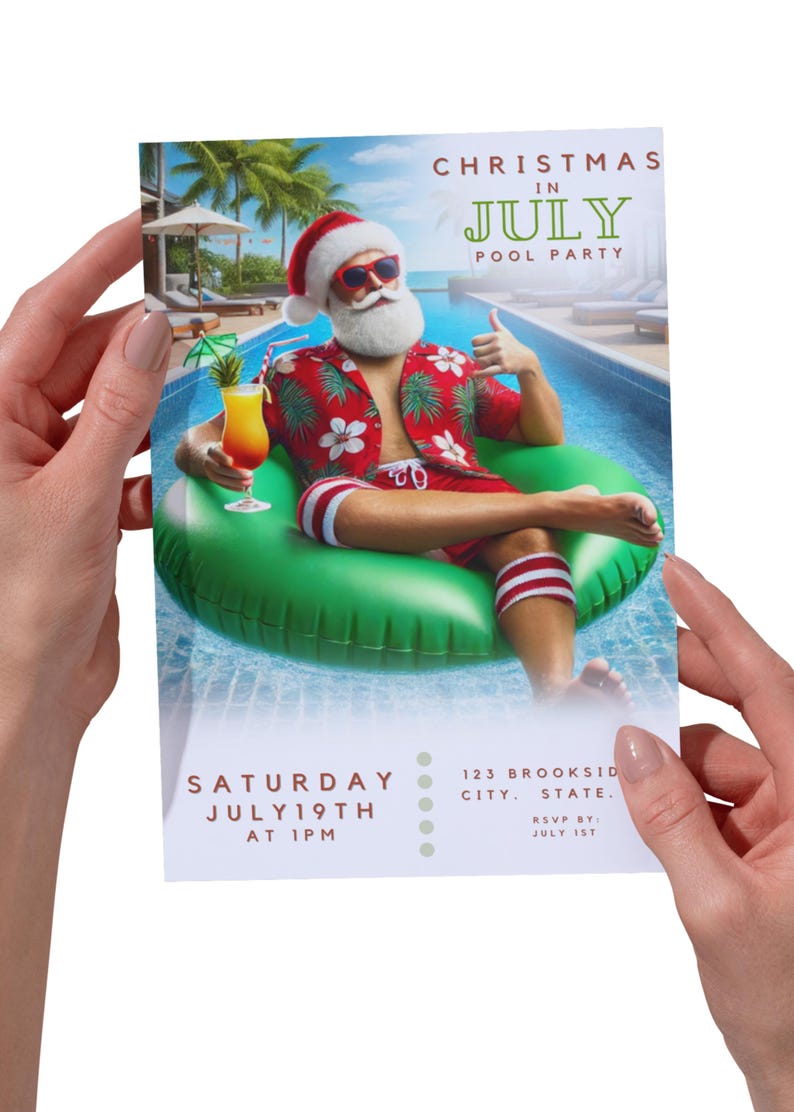 Christmas in July Pool Party Invitation | Editable Canva Template ...