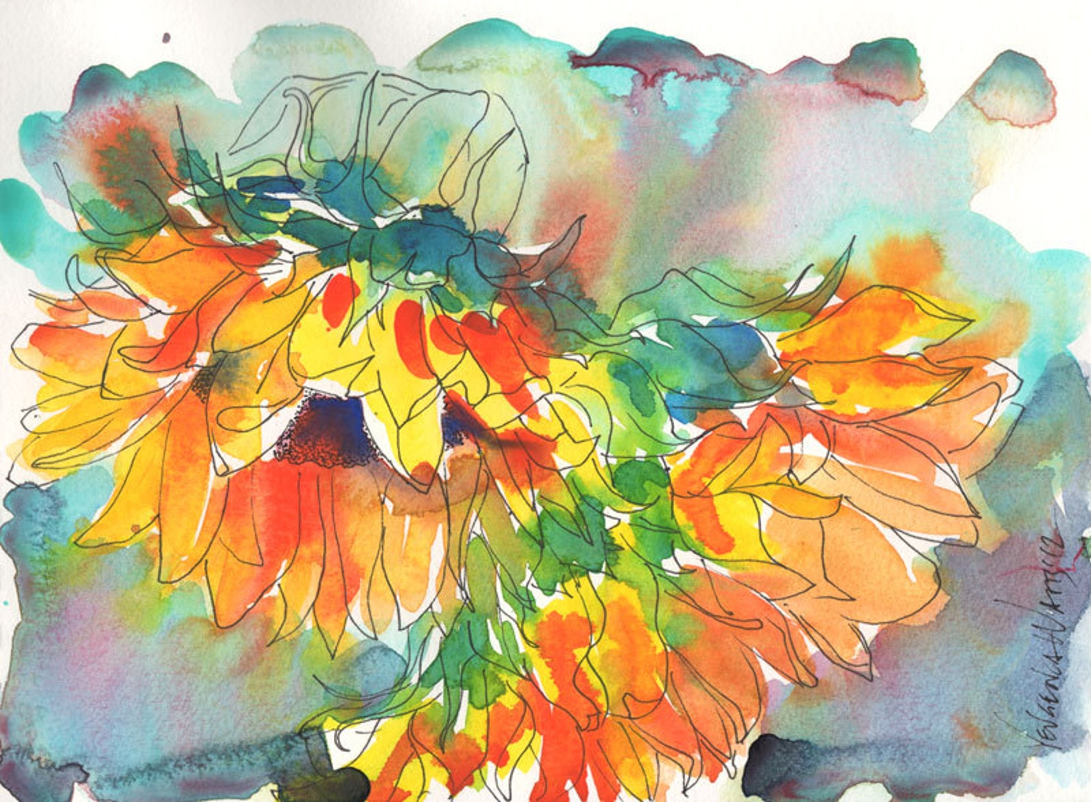Sunflowers in Ink and Watercolor Signed Giclee Fine Art - Etsy