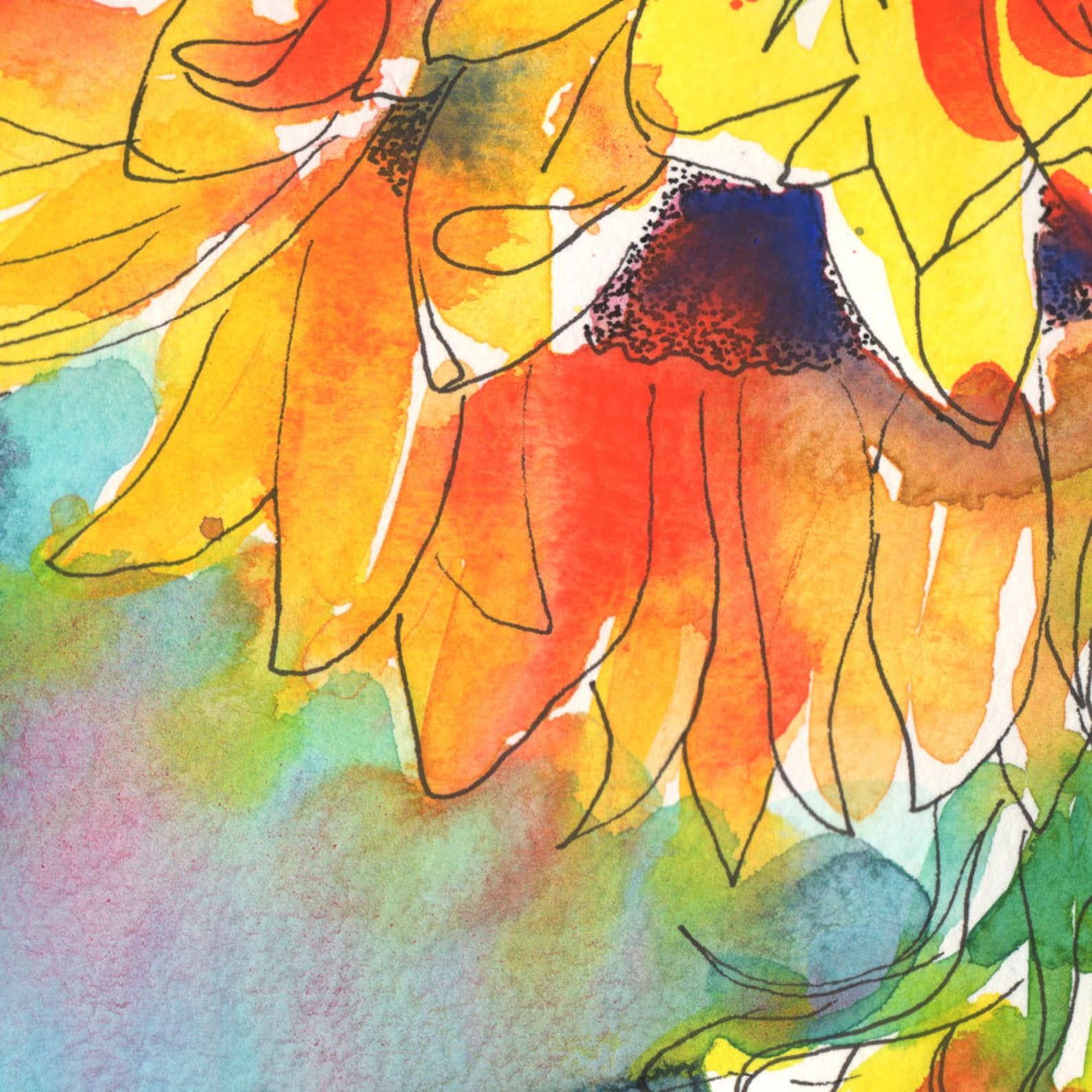 Sunflowers in Ink and Watercolor Signed Giclee Fine Art | Etsy