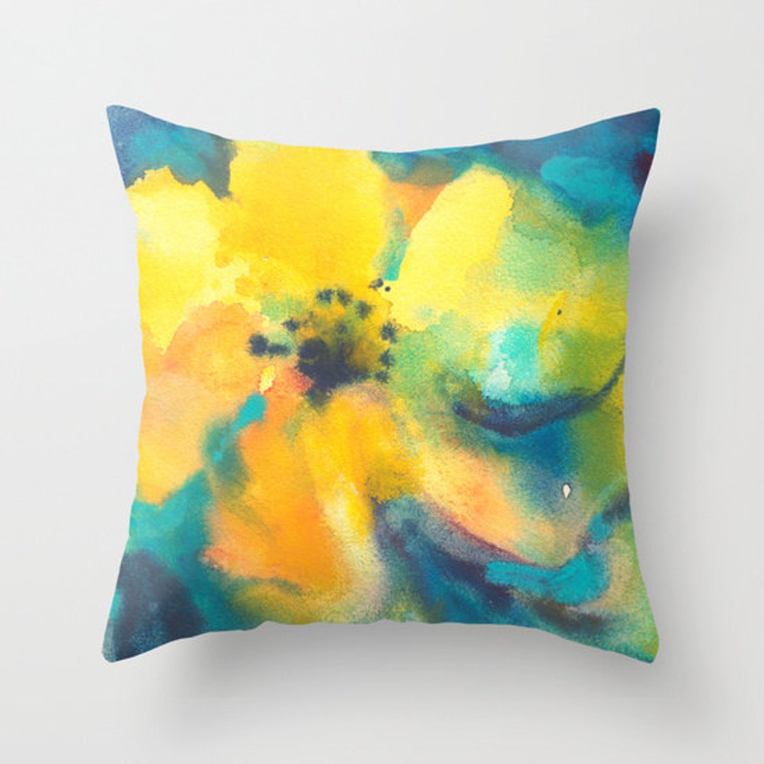 Floral Yellow and Blue Watercolor Throw Pillow Cover - Etsy