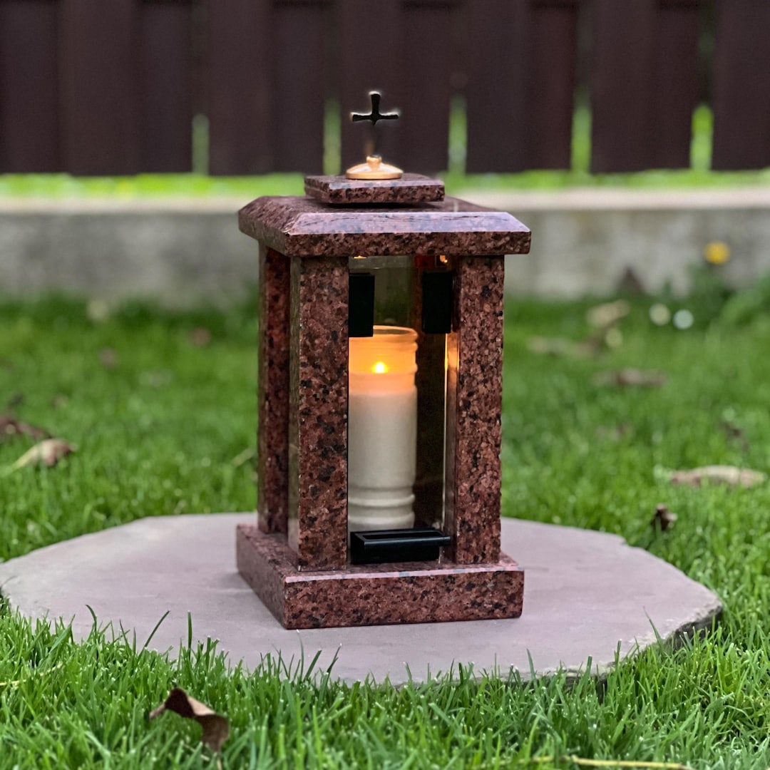Red Granite Memorial Lantern With Bronze Cross, Cemetery Candle Holder ...