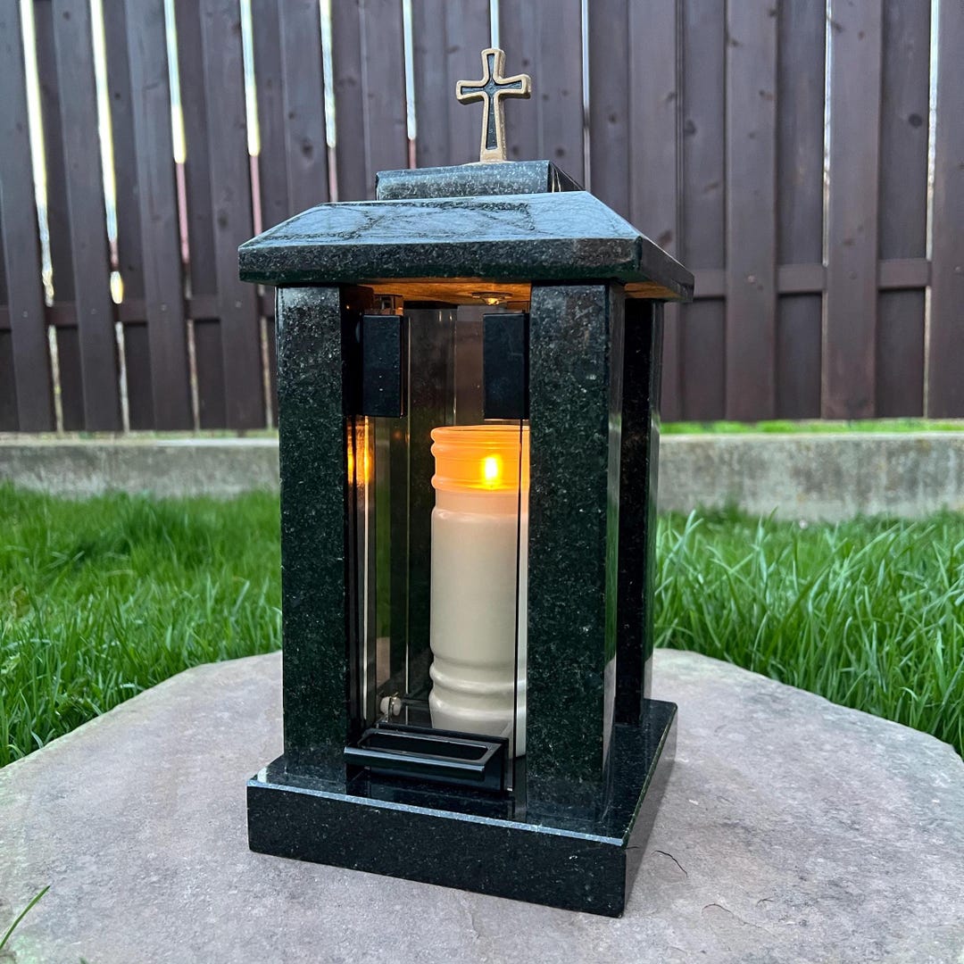 Granite Cemetery Lantern With Cross, Square Stone Memorial Light ...