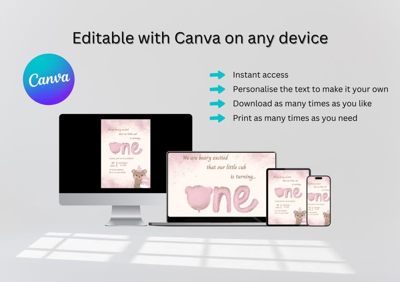 Bear First Birthday Invitation: Pink Theme, Editable Template (digital ...