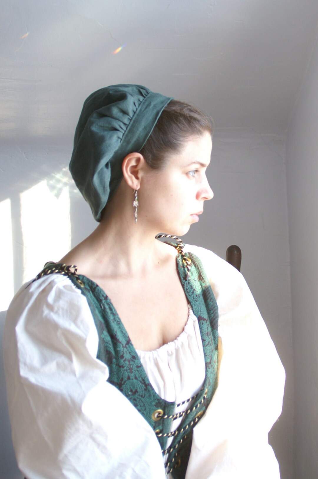 Renaissance Muffin Cap Hat Medieval Caul Green Linen Renaissance Faire ...