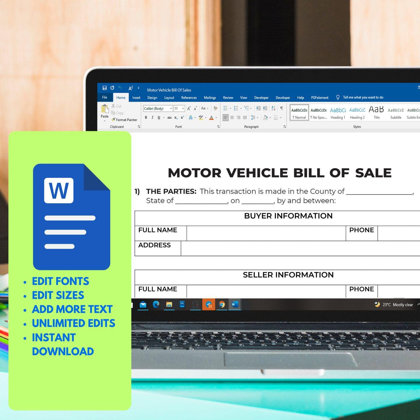 Motor Vehicle Bill of Sale Form Template, Printable DMV Accepted Auto ...