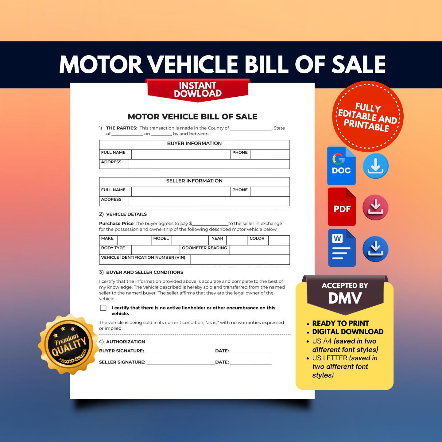 Motor Vehicle Bill of Sale Form Template, Printable DMV Accepted Auto ...